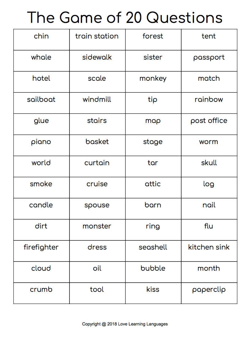 20 Questions Game Small Group or Whole Class No Prep Activity, Family ...