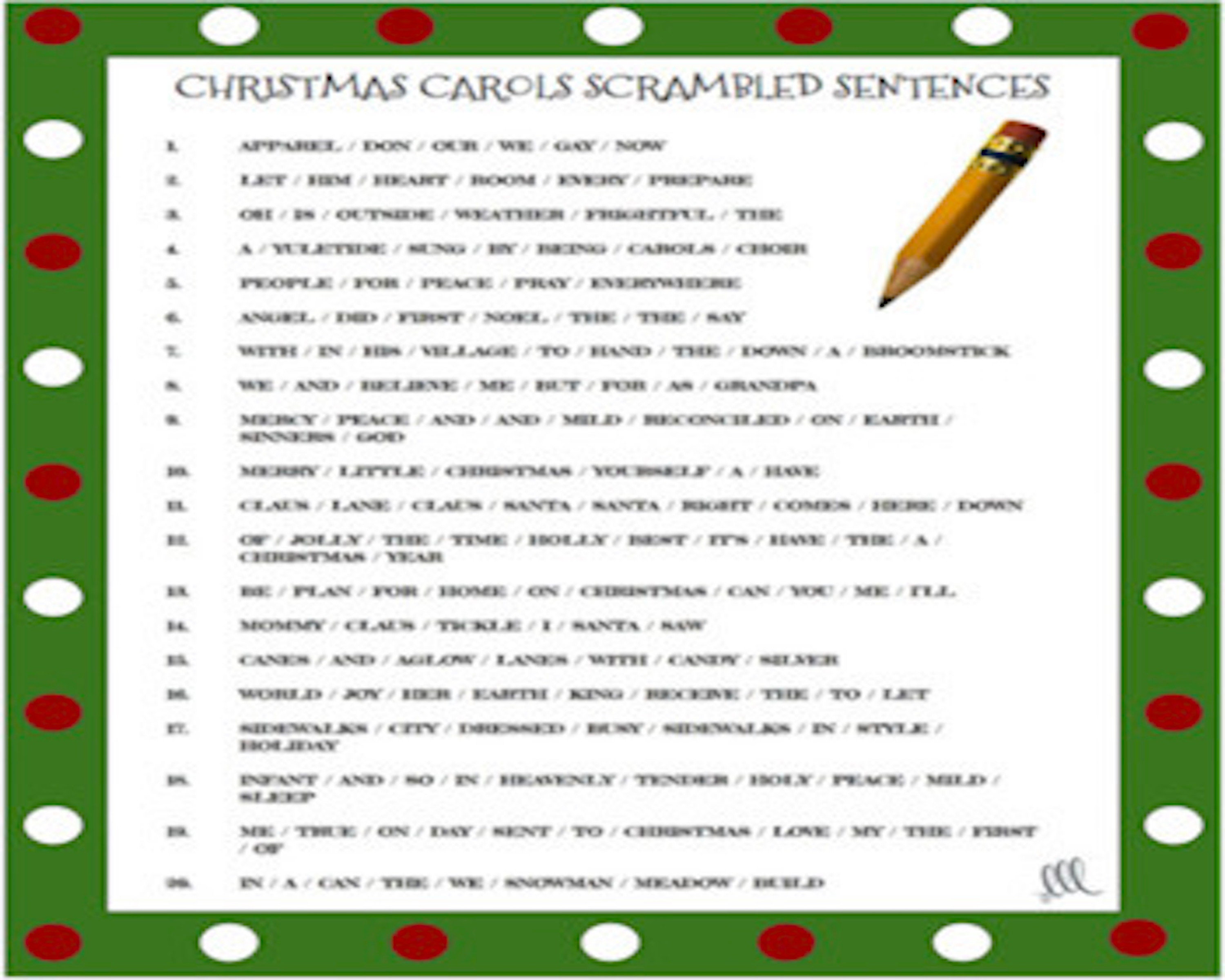 Christmas Carols Scrambled Sentences Activity Homeschool - Etsy