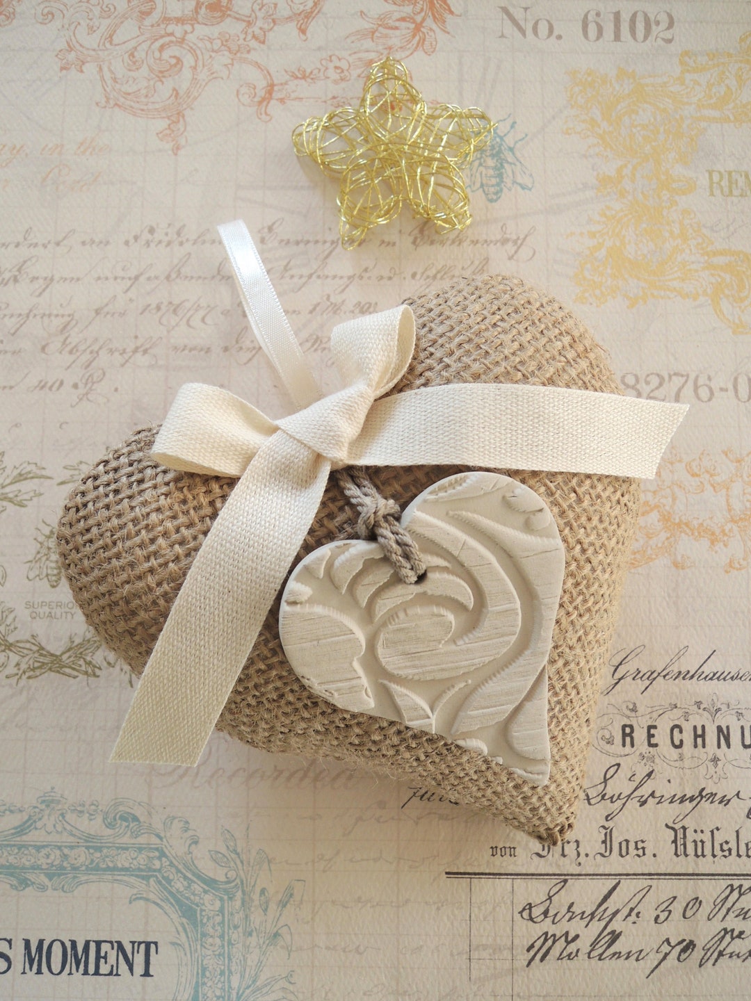 Decorative Heart to Hang in Burlap, Decorated With a Natural Clay ...
