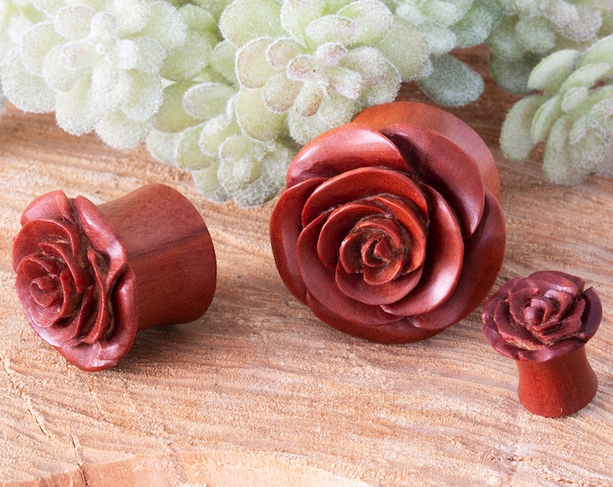 Rose Flower Ear Gauge Plugs by Crown Republic 9/16 Hand Carved Wooden ...