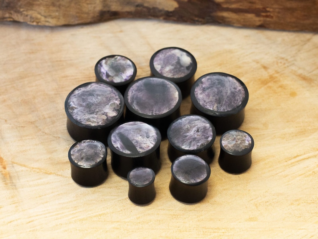 Ebony Plug With Charoite Inlay, Wood Flesh Tunnel With Inlay - Etsy