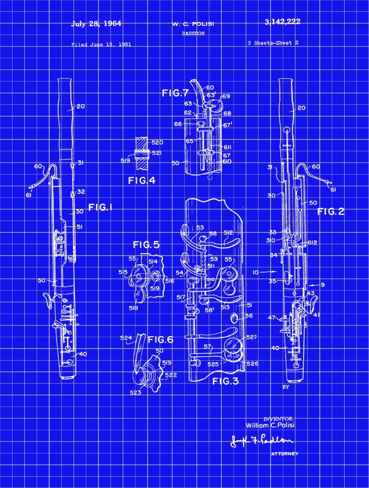Antique 1964 Bassoon Musical Instrument. Bassoon Patent Art Print ...