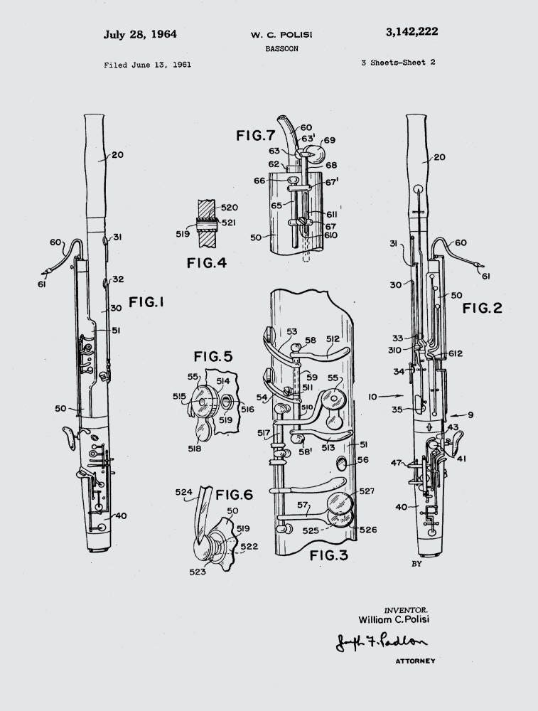 Antique 1964 Bassoon Musical Instrument. Bassoon Patent Art Print ...