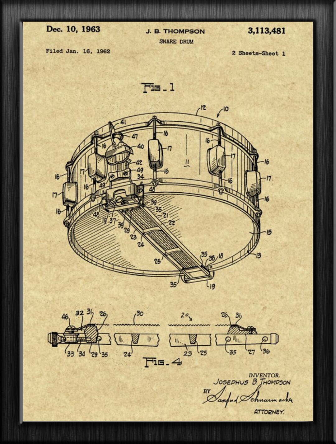 1963 Snare Drum Patent Art Print. Musician Gift. Drum Kit Blueprint ...