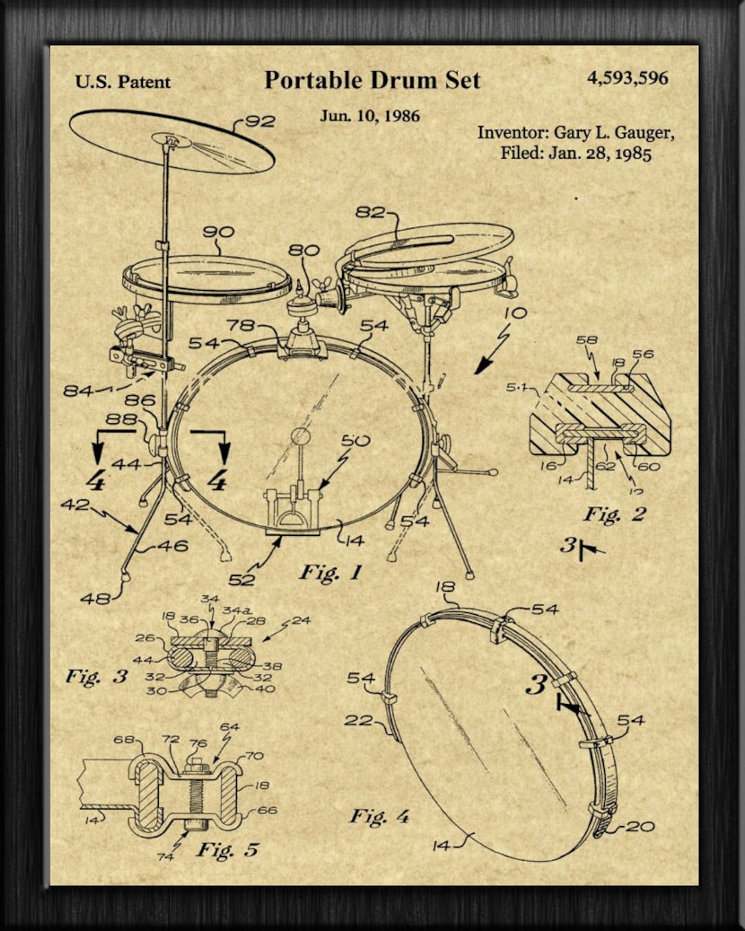 1986 Portable Drum Patent Art Print. Musician Gift. Drum Kit Blueprint ...