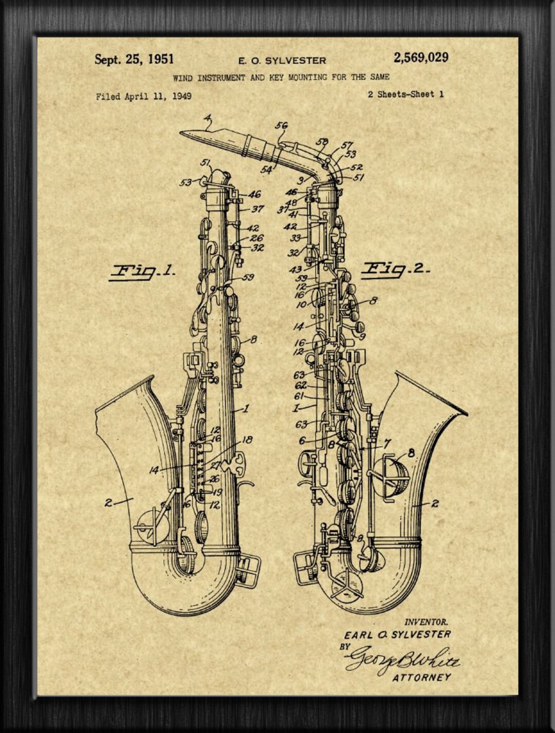 Antique 1951 Musical Instrument. Saxaphone Patent Art Print. Musician ...