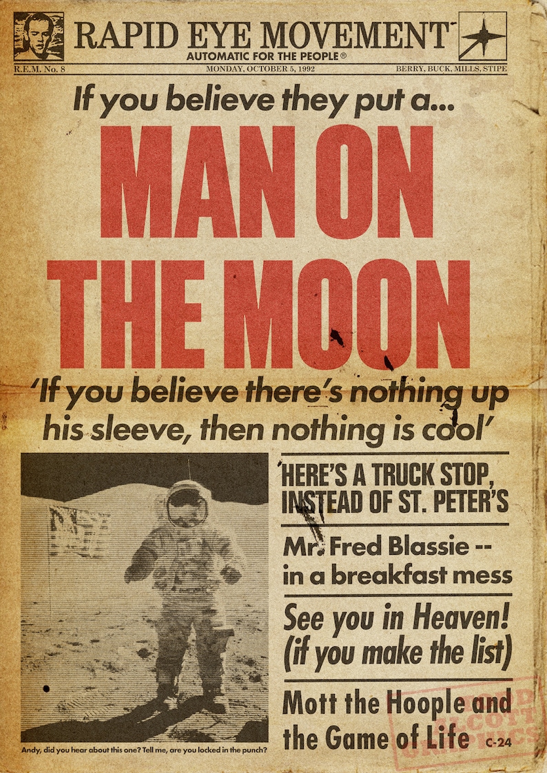 R.E.M. "man on the Moon" Moon Landing Newspaper Headline Mashup Art ...