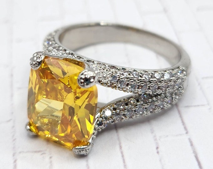 FANCY YELLOW DIAMOND and Simulated White Diamond Ring in Silvertone ...