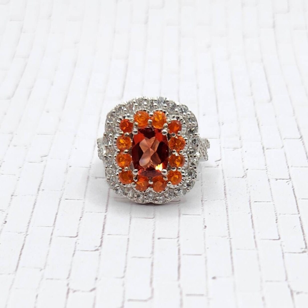 RARE & EXOTIC Red Andesine, Fire Opal and White Zircon Ring in Platinum ...