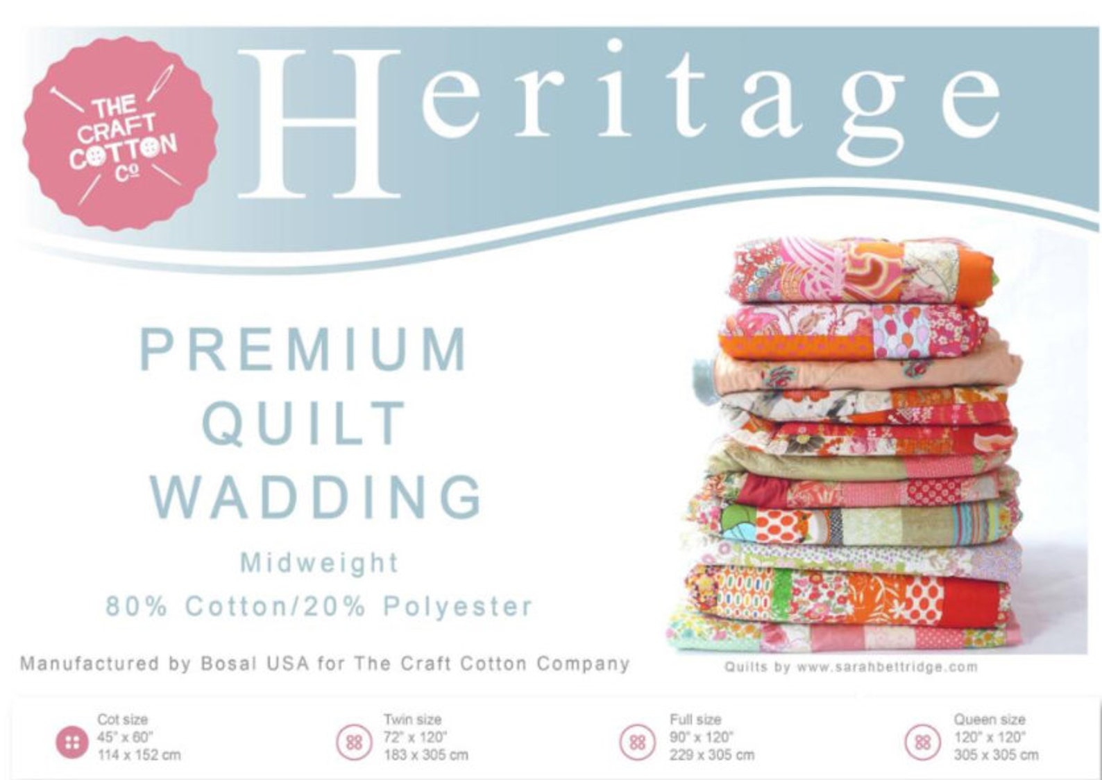 Heritage Premium Mid Weight Wadding Pack.100% Cotton.quilt Wadding ...