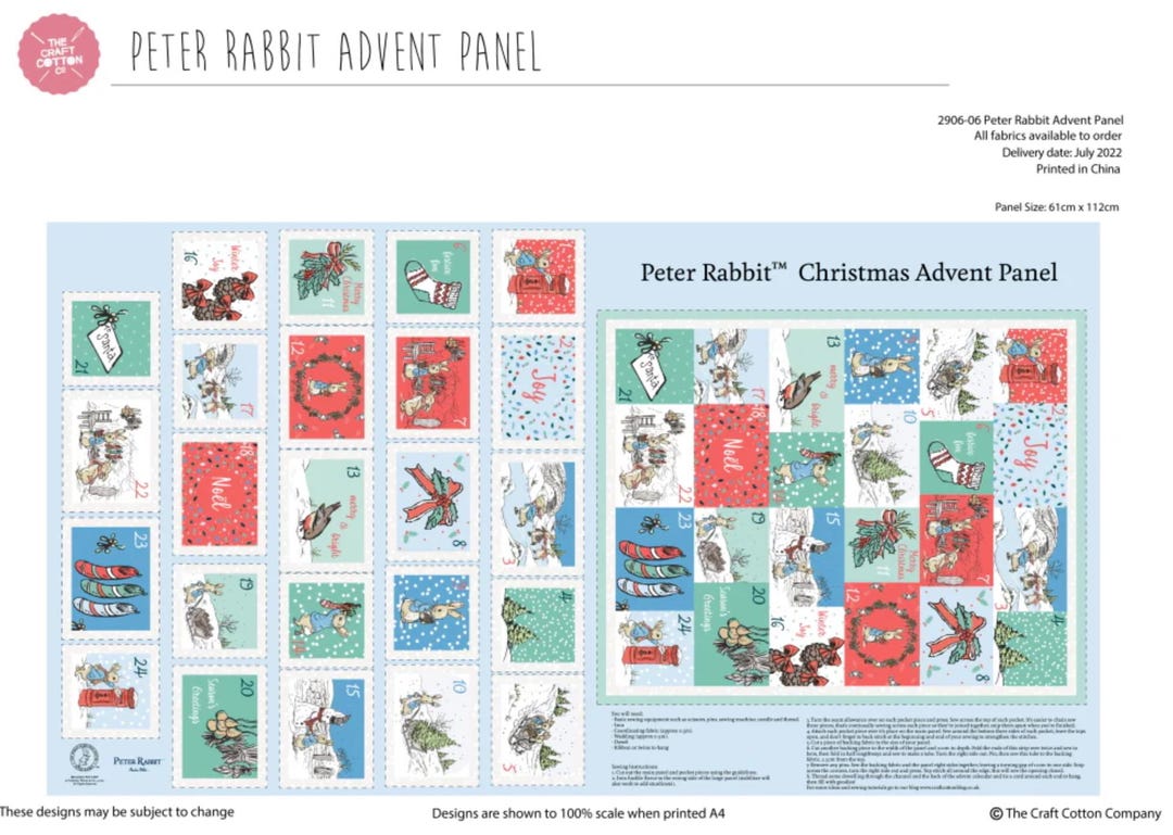 Peter Rabbit Christmas Advent Calendar Fabric Panel for Sewing and ...