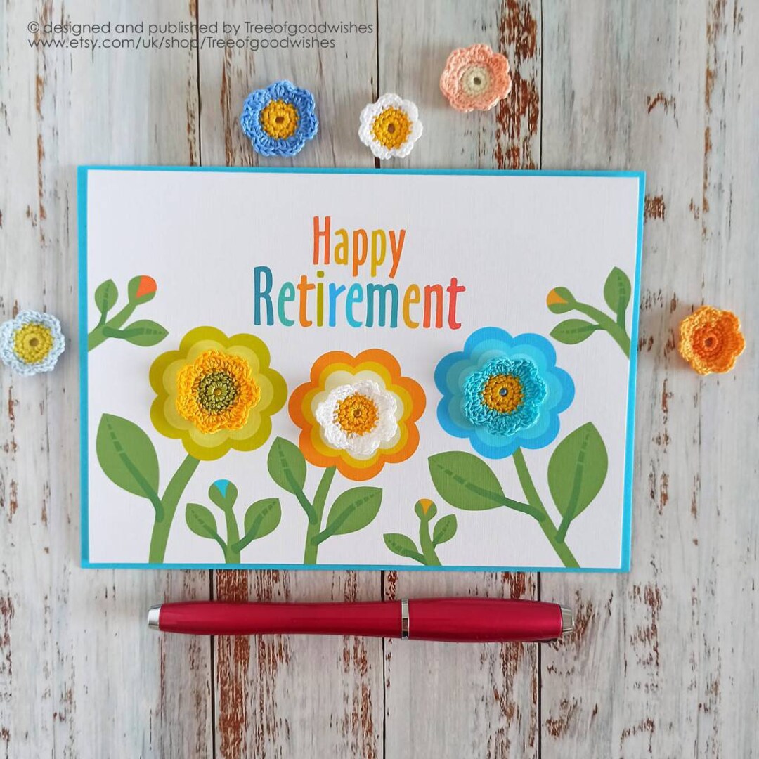 Handmade Crochet Flower Retirement Card: 3D Embroidered Design - Etsy UK