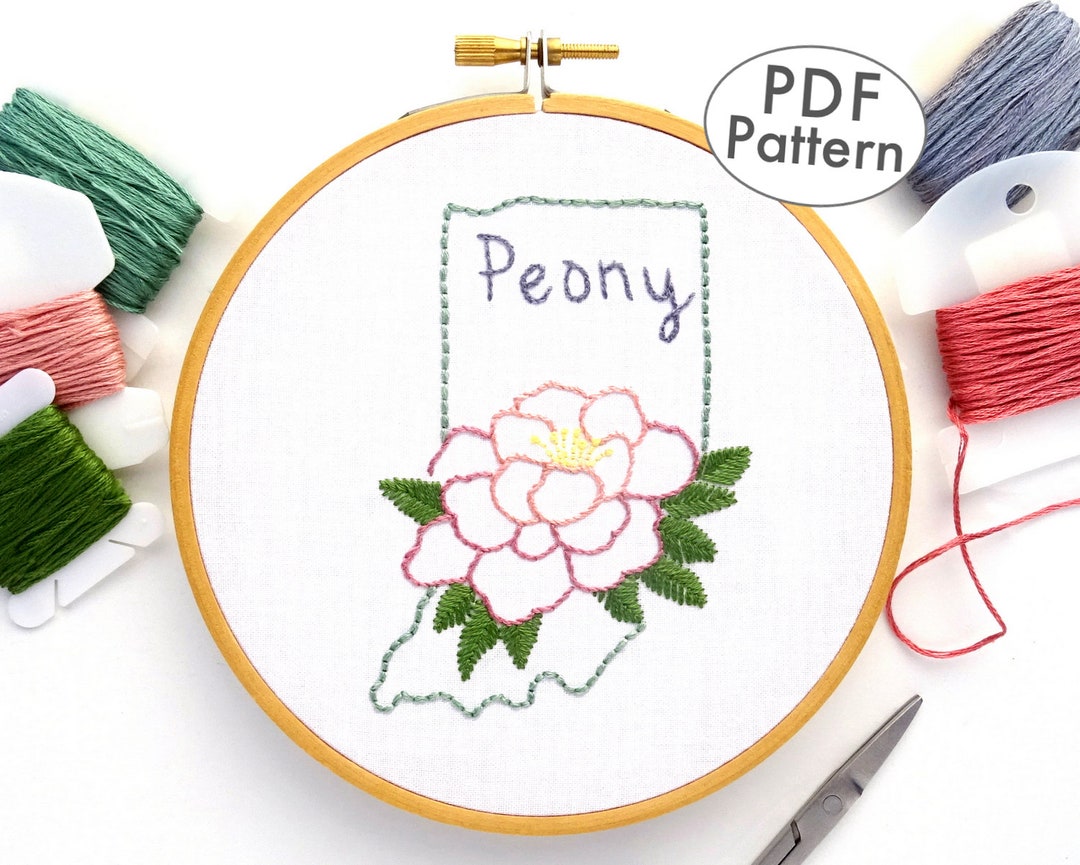 Peony Flower Hand Embroidery Pattern, Indiana State Design PDF Download ...