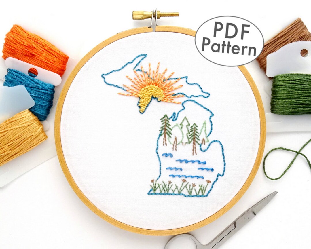 Michigan Hand Embroidery Pattern PDF With Forest and Sunset, State DIY ...