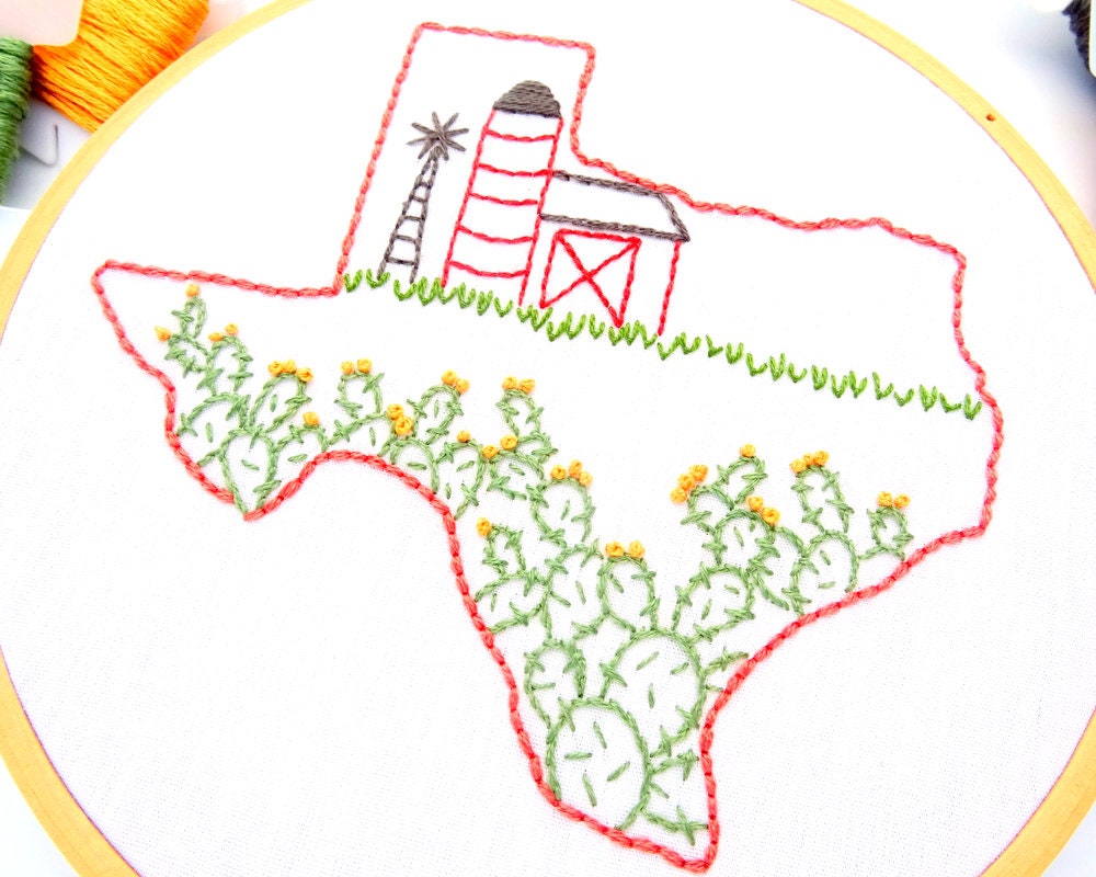 Texas Hand Embroidery Pattern PDF With Red Barn & Cactus DIY - Etsy