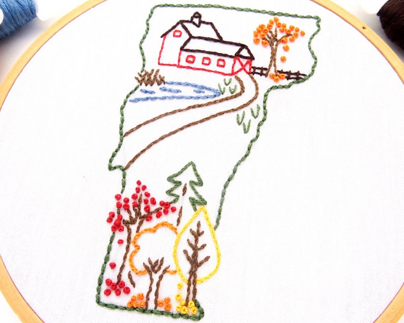 Vermont Hand Embroidery Pattern With Barn & Autumn Trees, PDF Digital ...