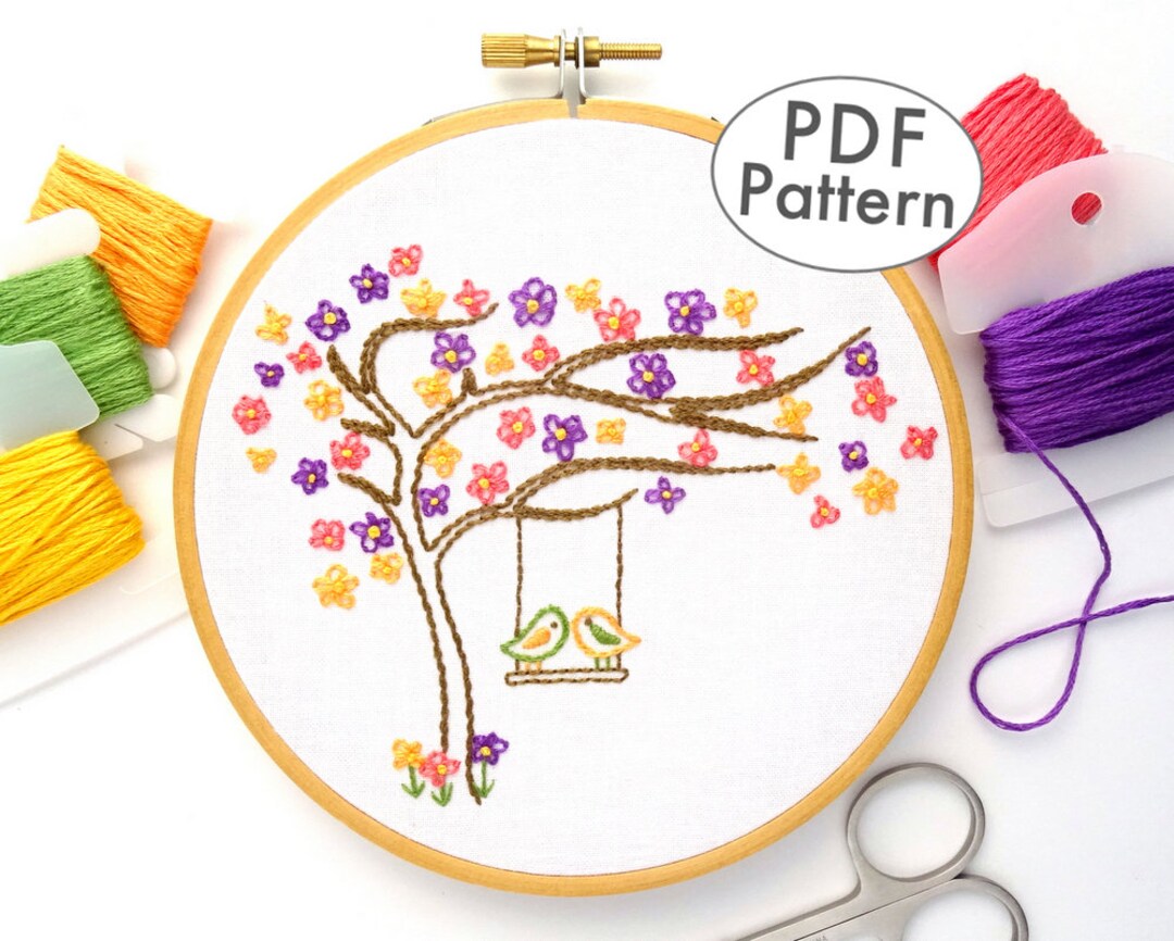 Flowering Tree Hand Embroidery Pattern PDF, Love Birds Spring Design - Etsy