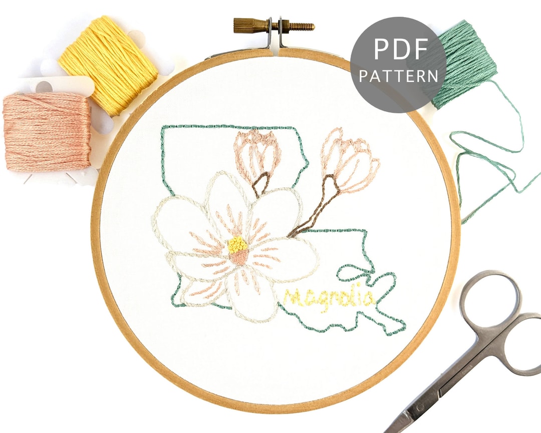 Magnolia Flower Hand Embroidery Pattern, Louisiana Floral Design - Etsy