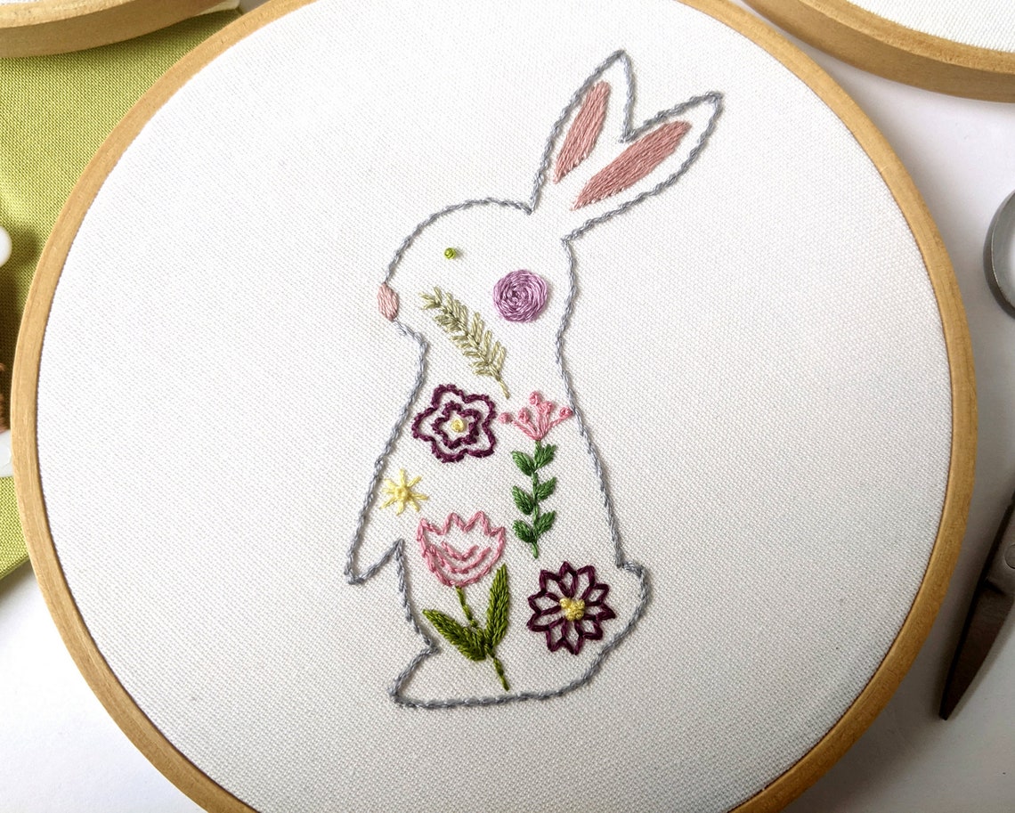 Easter Bunny Hand Embroidery Pattern & Floral DIY Gift | Etsy
