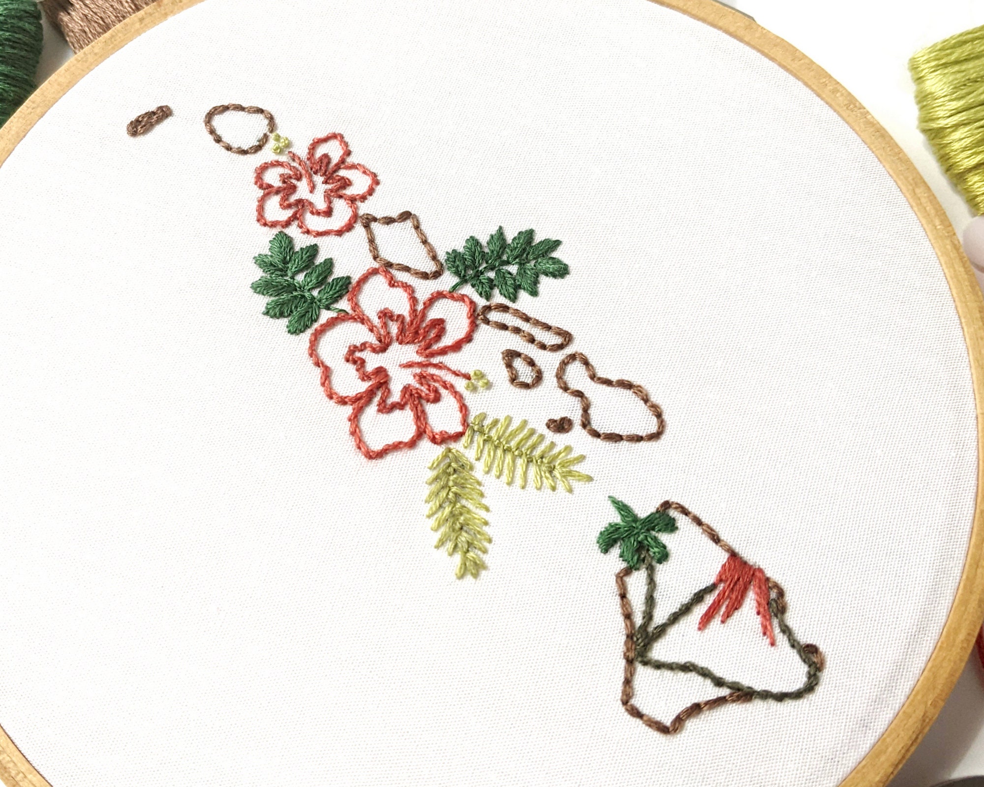 Hawaii Hand Embroidery Pattern With Pink Hibiscus & Fern - Etsy