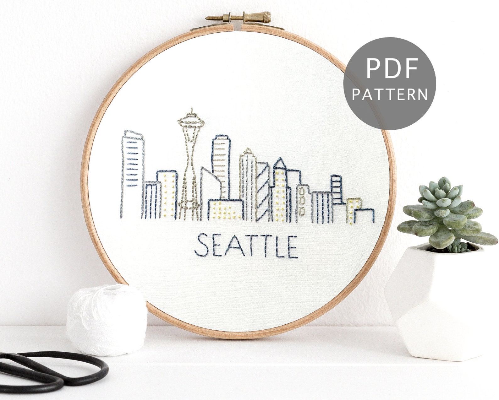 Seattle Skyline Hand Embroidery Pattern, Washington City Design PDF ...