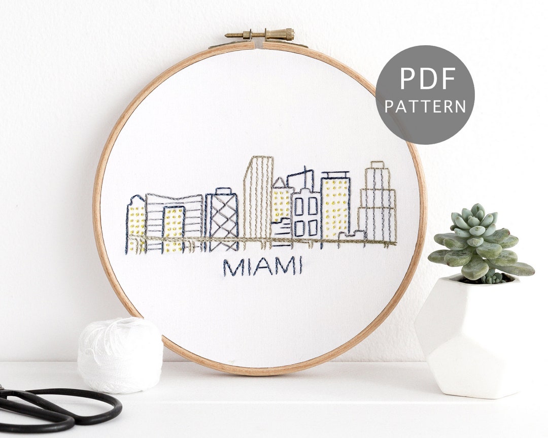 Miami Florida Skyline Hand Embroidery Pattern PDF Download, DIY Modern ...