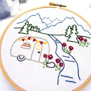 Retro Camper Hand Embroidery Pattern With Mountains & Flowers, Vintage ...