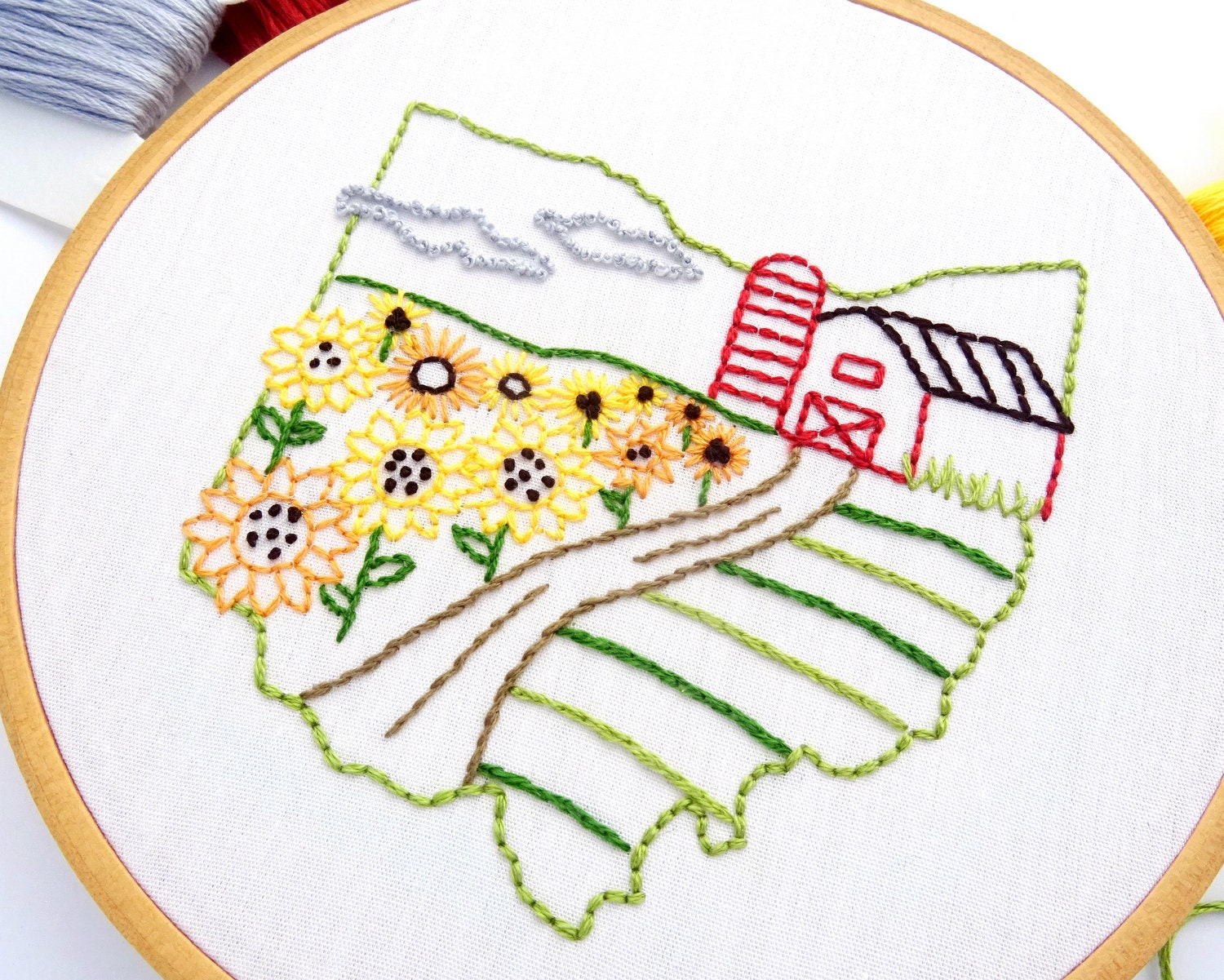 Ohio Hand Embroidery Pattern PDF With Red Barn & Sunflowers, State Wall ...
