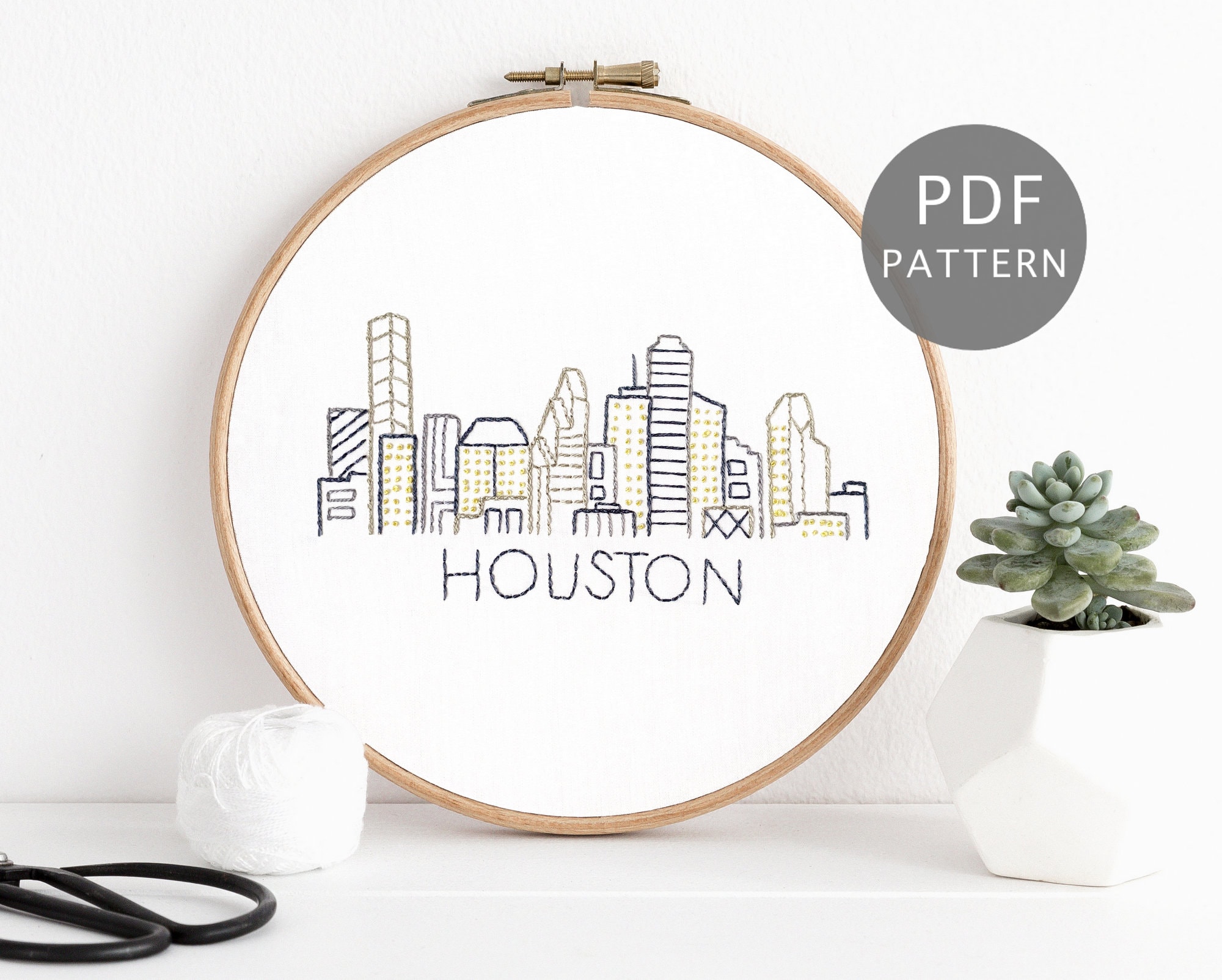 Houston Texas Skyline Hand Embroidery Pattern PDF Download, Modern City ...