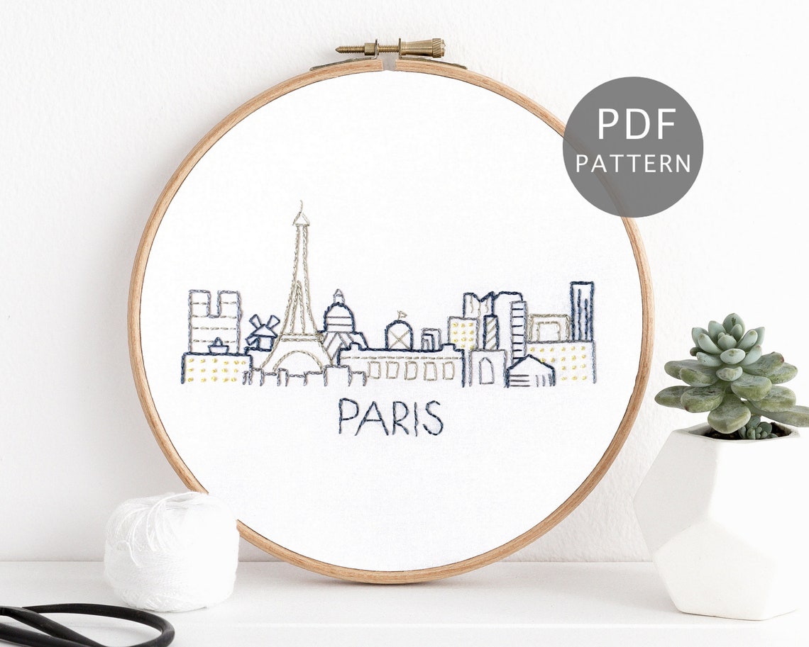 Paris City Skyline Hand Embroidery Pattern, DIY France Design, Urban ...