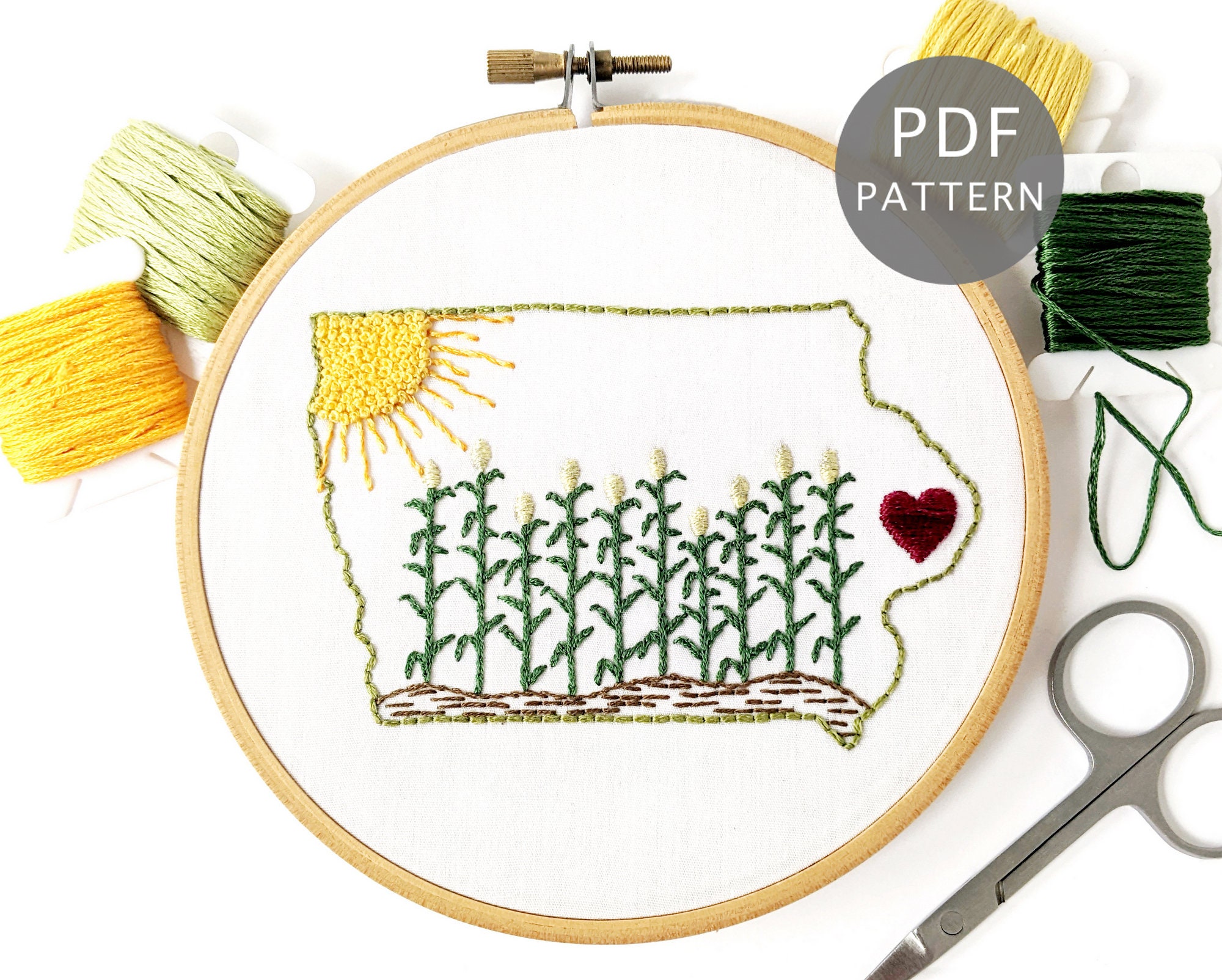 Iowa Hand Embroidery Pattern With Cornfield & Sun - Etsy