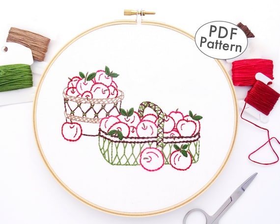 Apple Basket Hand Embroidery Pattern PDF Download Autumn | Etsy