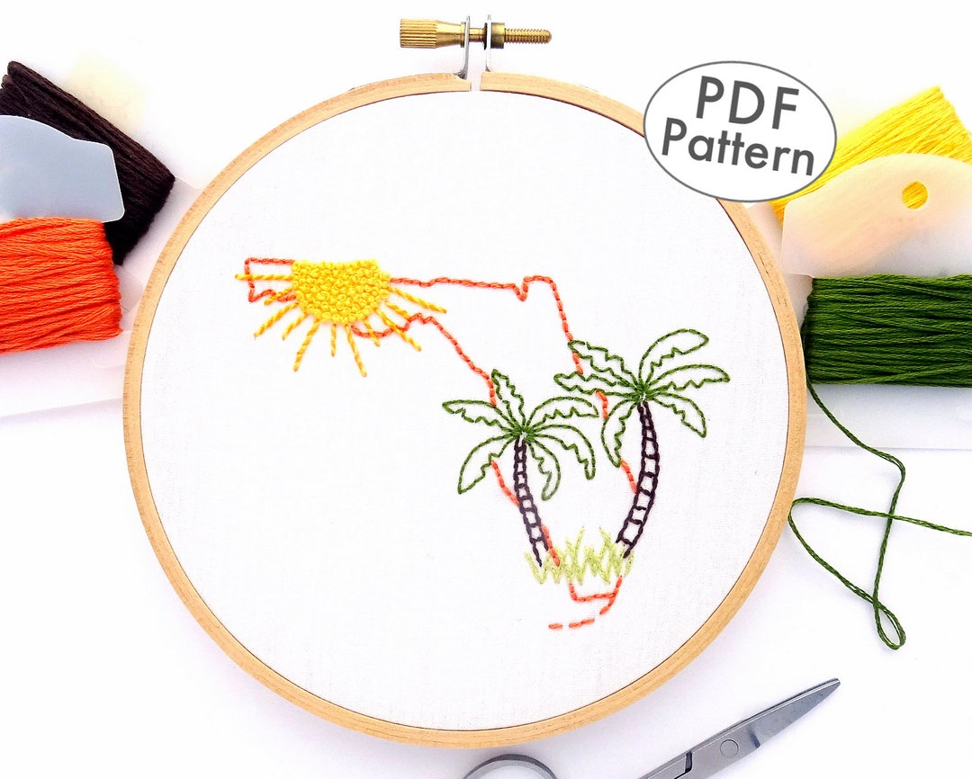 Florida Hand Embroidery Pattern With Palm Trees & Sunshine, DIY Digital ...