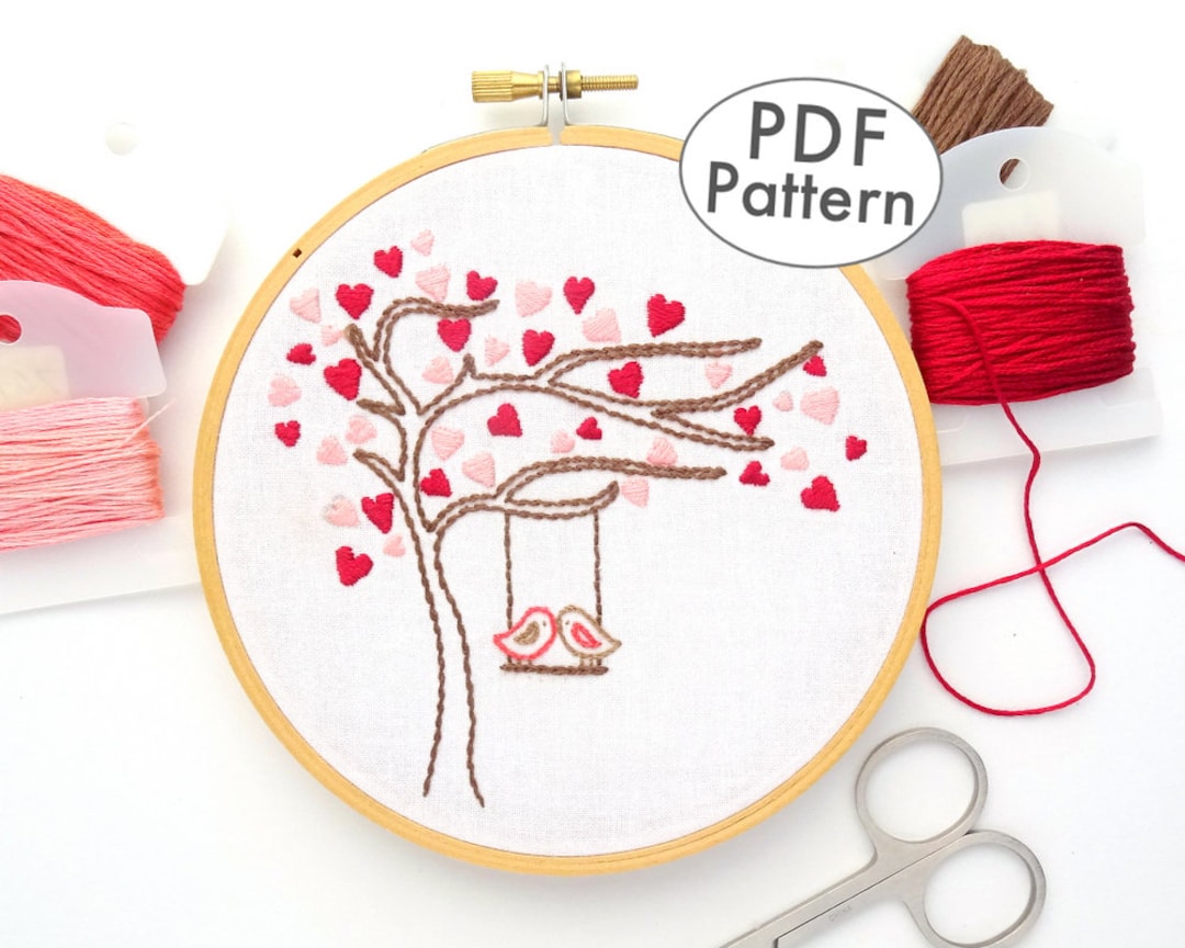 Love Birds Tree Hand Embroidery Pattern PDF Download, DIY Valentines ...