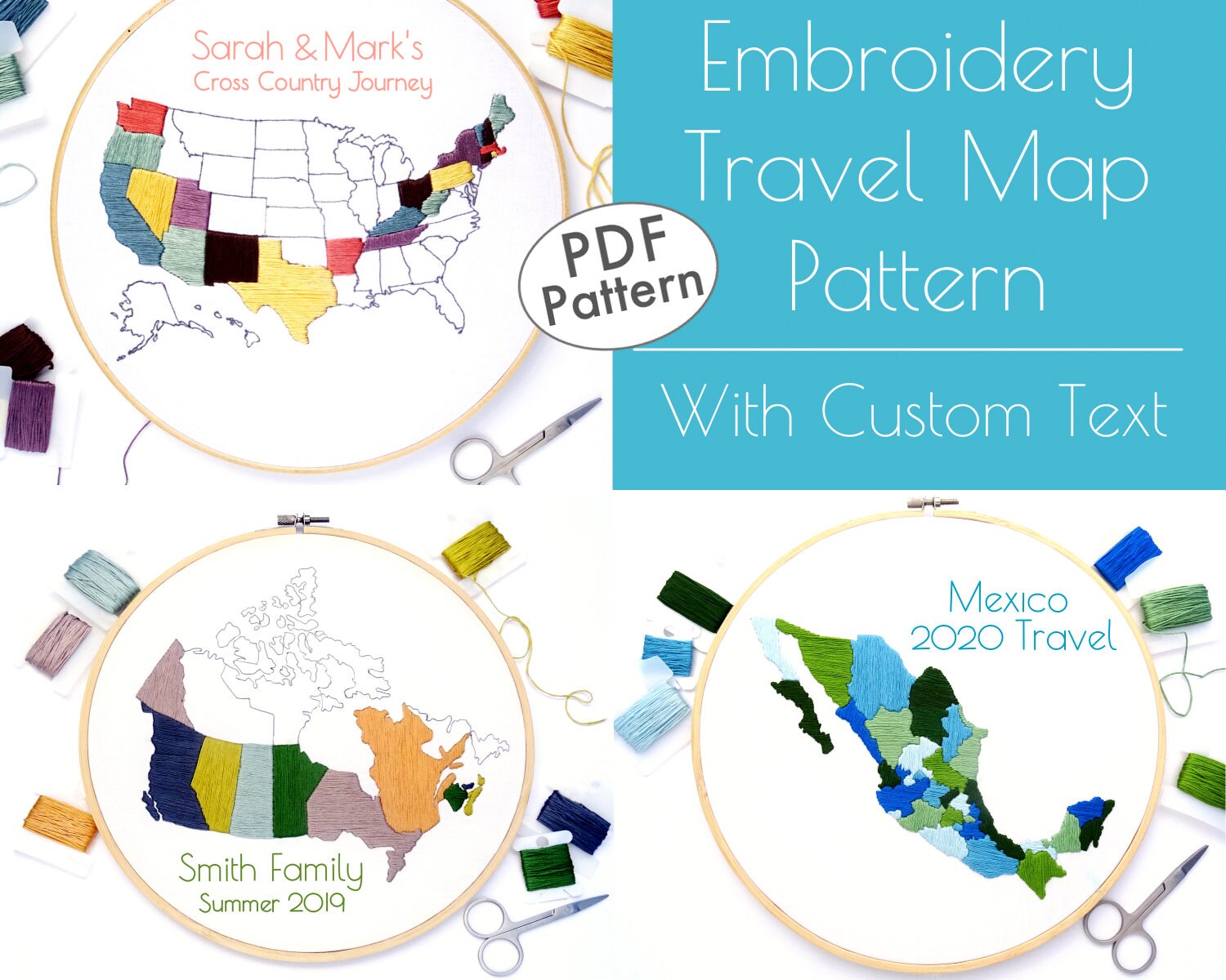 Travel Map Hand Embroidery Pattern with Custom Text: United | Etsy