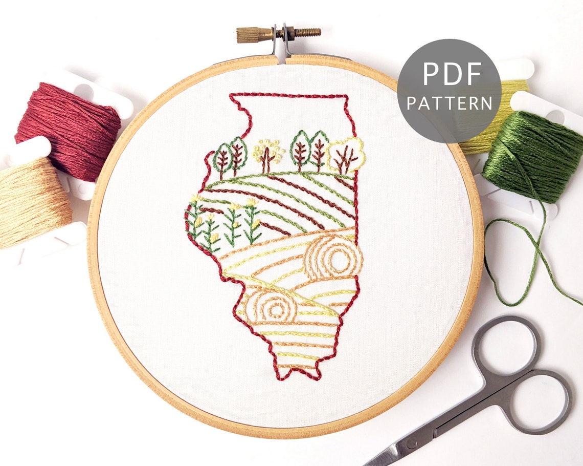 Illinois Hand Embroidery Pattern PDF Download, Modern Farm Art Design ...