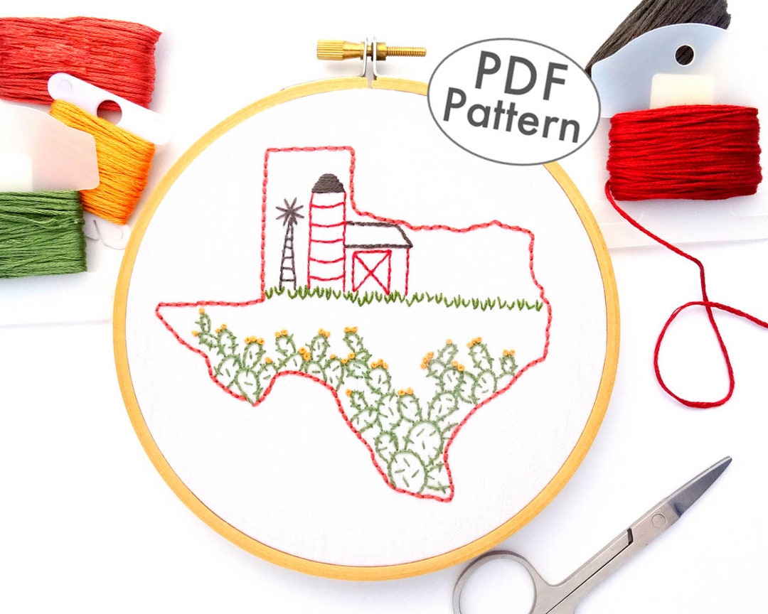 Texas Hand Embroidery Pattern PDF With Red Barn & Cactus, DIY State ...