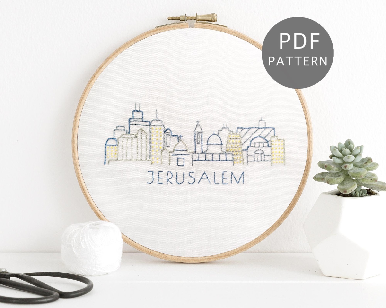 Jerusalem City Skyline Hand Embroidery Pattern, Urban Digital Hoop Art ...