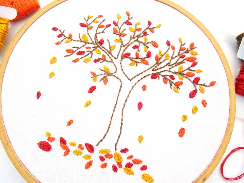 Autumn Tree Hand Embroidery Pattern Falling Leaves Design PDF | Etsy