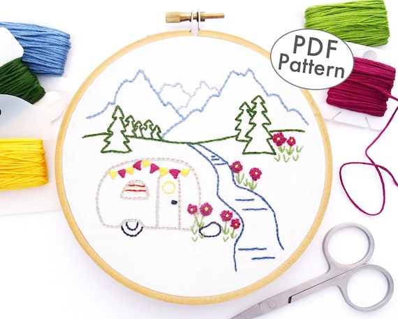 Retro Camper Hand Embroidery Pattern With Mountains & Flowers | Etsy