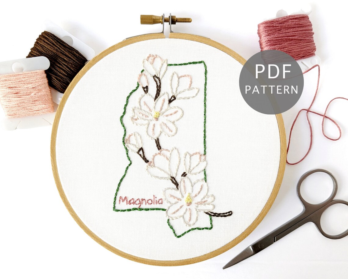 Magnolia Flower Hand Embroidery Pattern Mississippi State - Etsy
