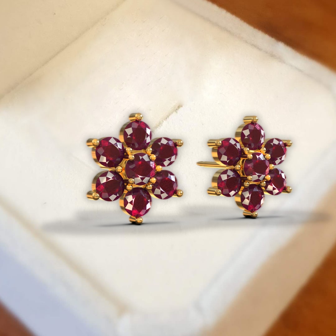 Flower Natural Ruby Earring 9K Gold Genuine Ruby Flower Stud - Etsy