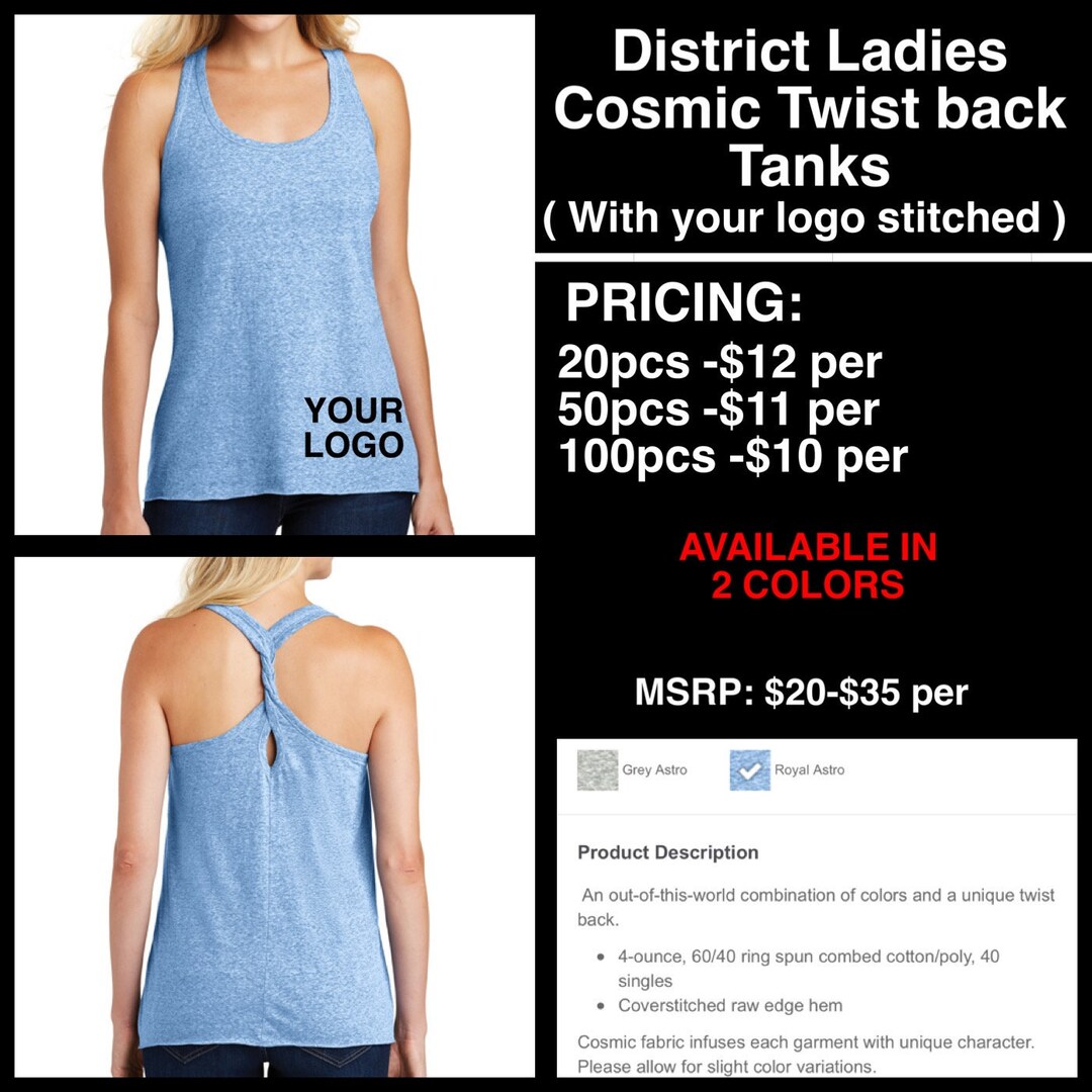 District Ladies Cosmic Twist Back Tanks ( With Chest Logo Embroidered ...