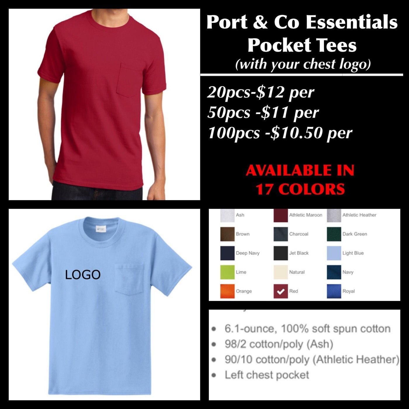 Port & Co Essentials Pocket Tees With Chest Logo Embroidered - Etsy ...