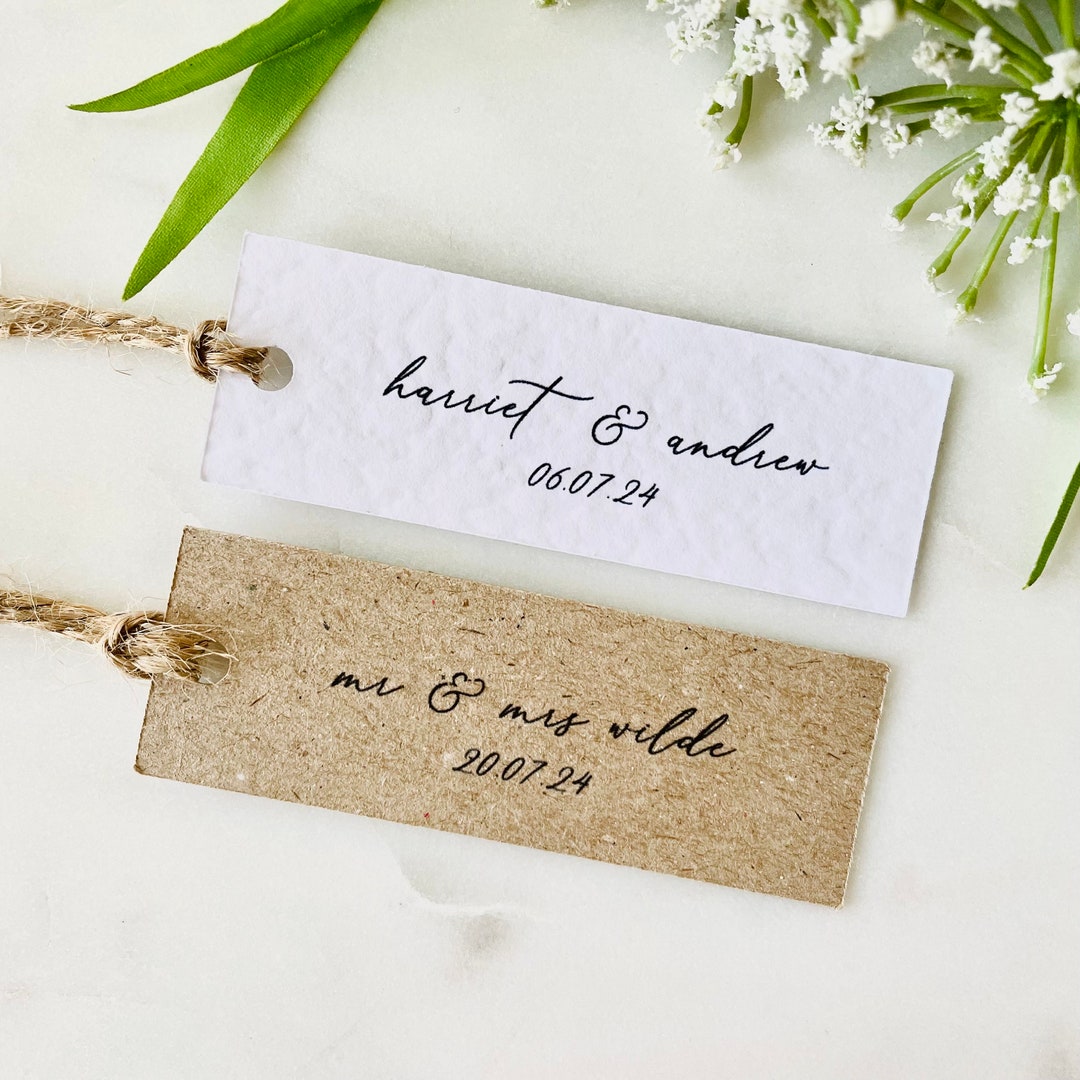 Modern Rectangular Calligraphy Wedding Favour Tag - Couples Names Date ...