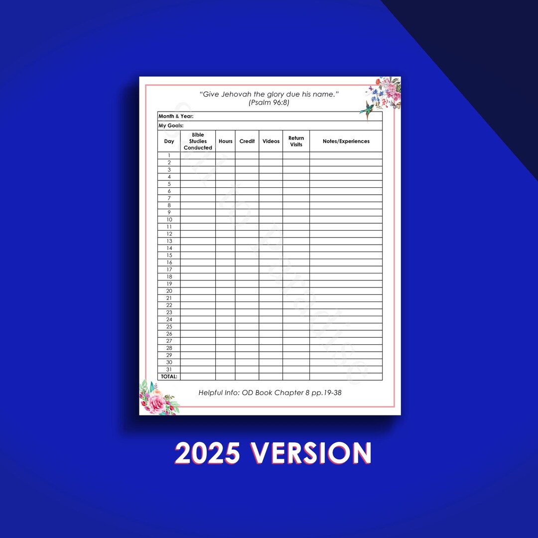 Monthly Field Service Tracker, JW - Digital PDF, JW Ministry Organizer ...