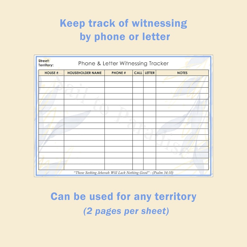 Letter & Phone Witnessing Tracker, JW - Digital PDF, JW Ministry ...