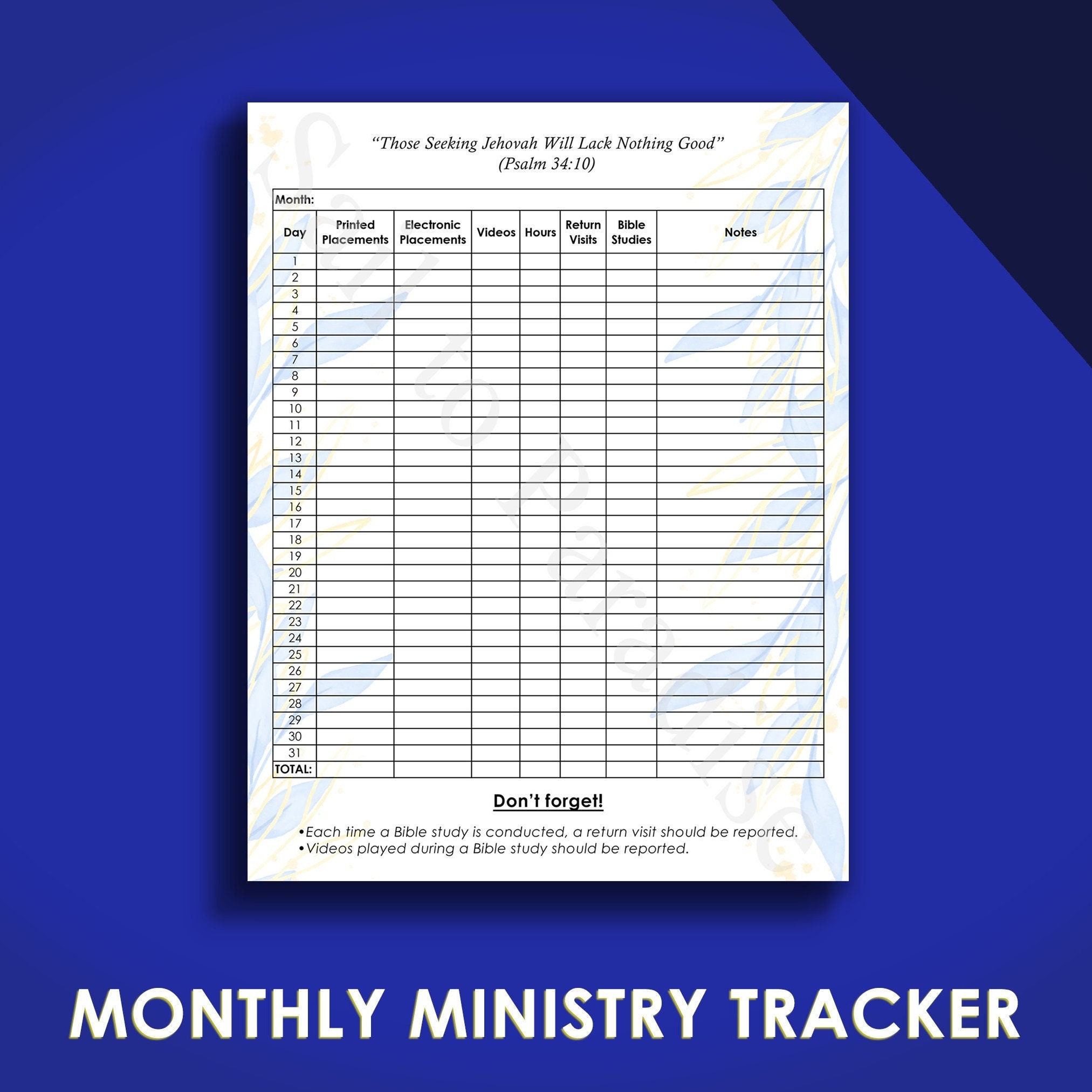 Monthly Field Service Tracker, JW Digital PDF, JW Ministry Organizer - Etsy