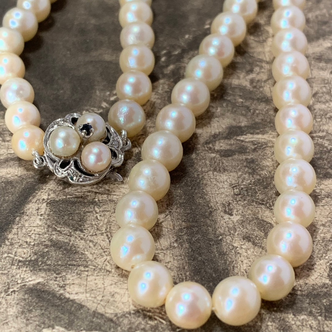 6.5mm Pearl Necklace With Sapphire, Diamond and Pearl Clasp. Princess ...