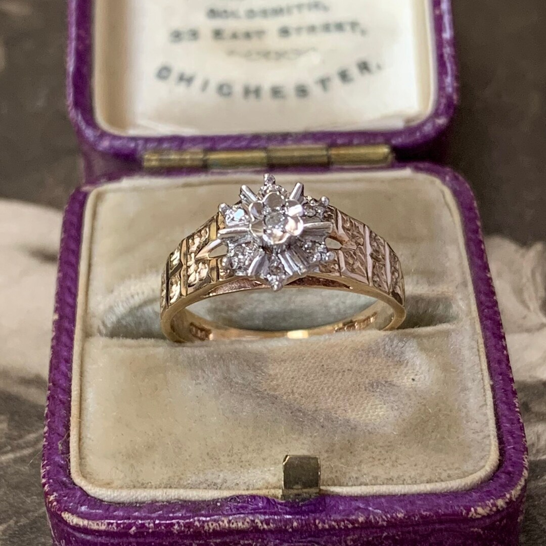 Modernist Diamond Ring. Vintage English Hallmark Textured Gold. Ring ...